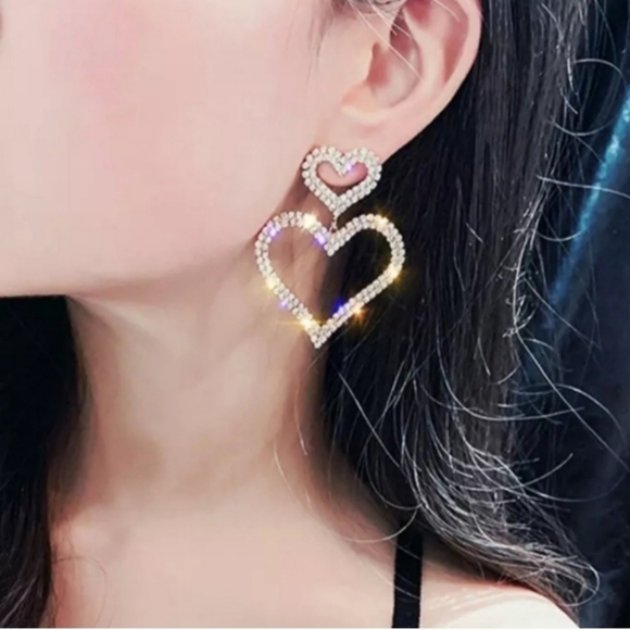 Jewelry | Luxury Double Heart Rhinestones Drop Earings | Poshmark